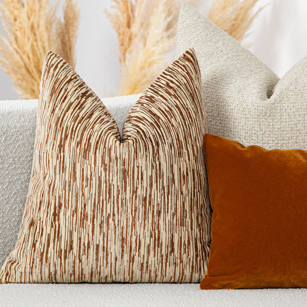 Salmon Velvet Pillow Cover with Striped Accents | Luxurious & Soft