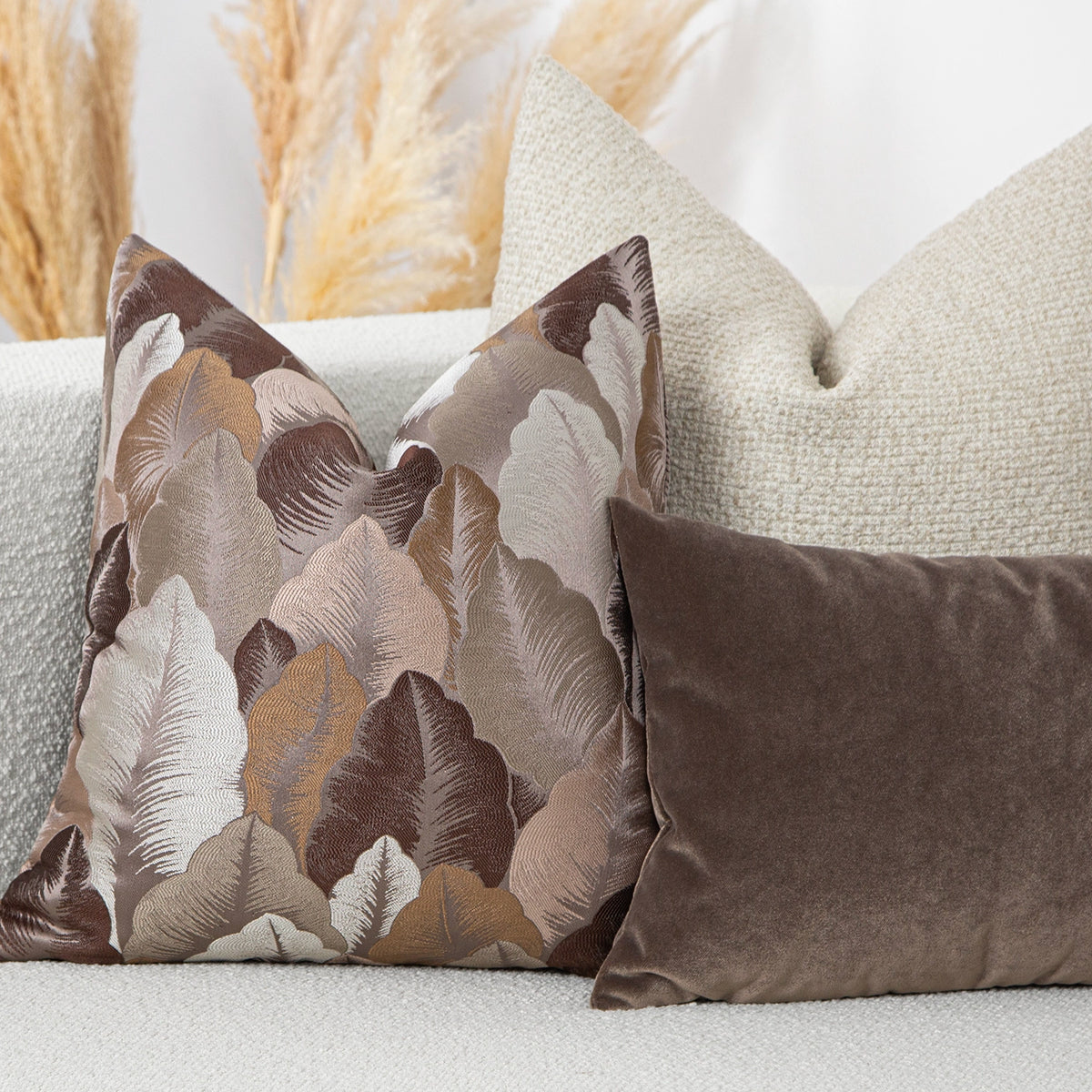 Brown Beige Jacquard Pillow Cover | Floral Throw Pillow Cover